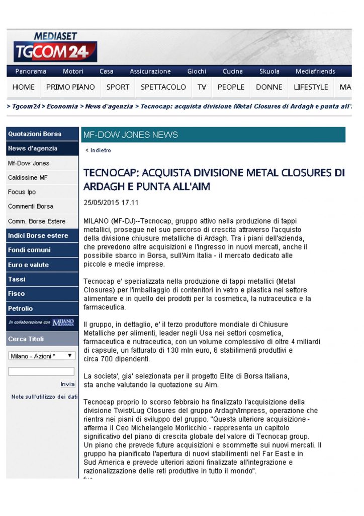 Tecnocap acquista divisione Metal Closures di Ardagh e punta all’AIM ...